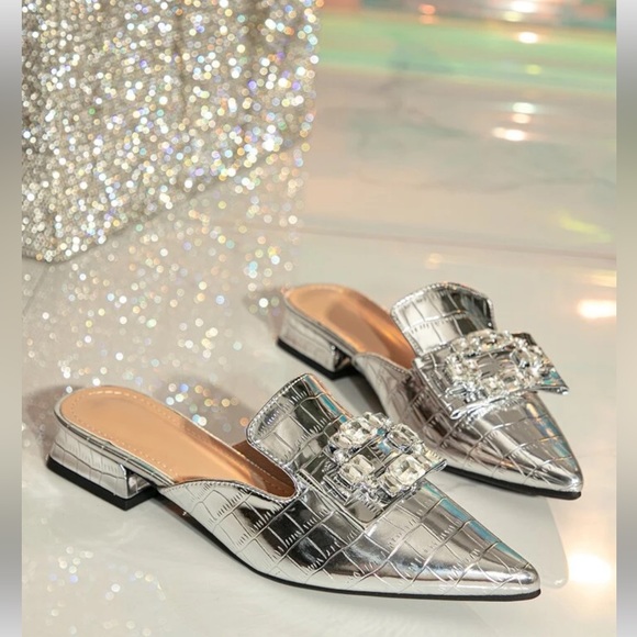 Shoes | Glamorous Silver Mule Shoes For Women Crocodile Embossed ...